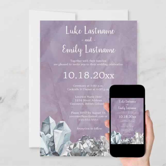 Geode & Gemstones in Purple Watercolour Wedding Invitation | Zazzle