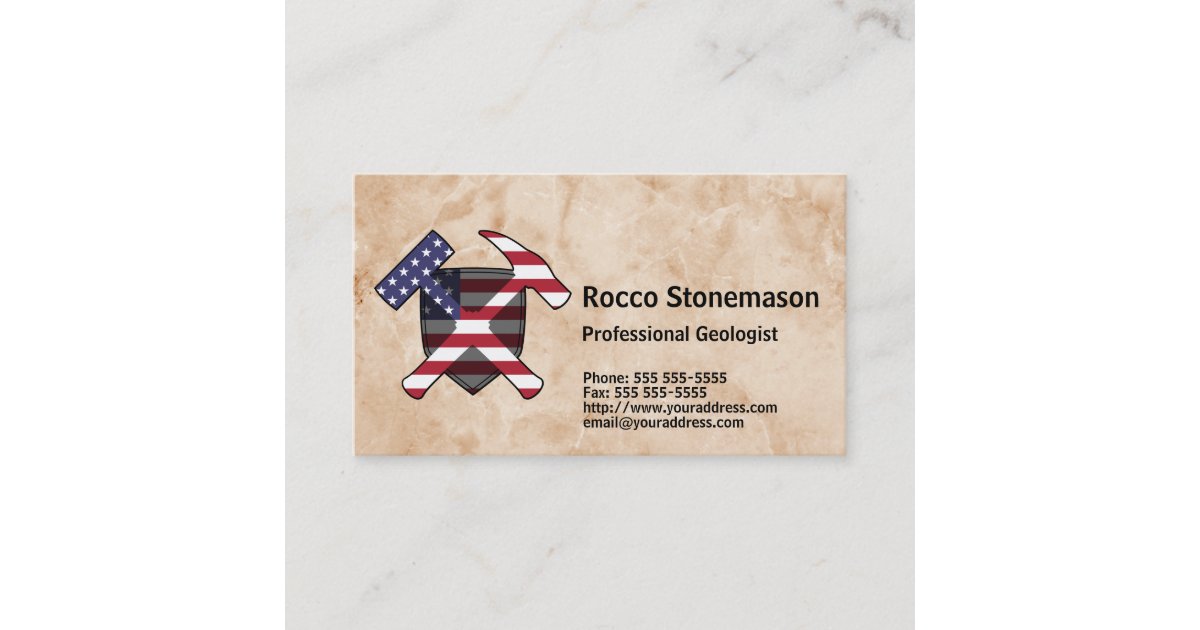 Geologist's Rock Hammer Logo with USA Flag Business Card | Zazzle