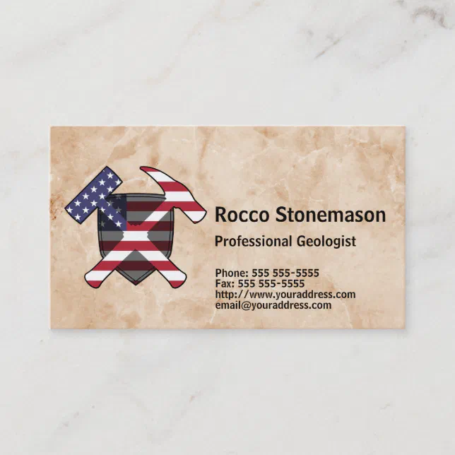 Geologist's Rock Hammer Logo with USA Flag Business Card | Zazzle