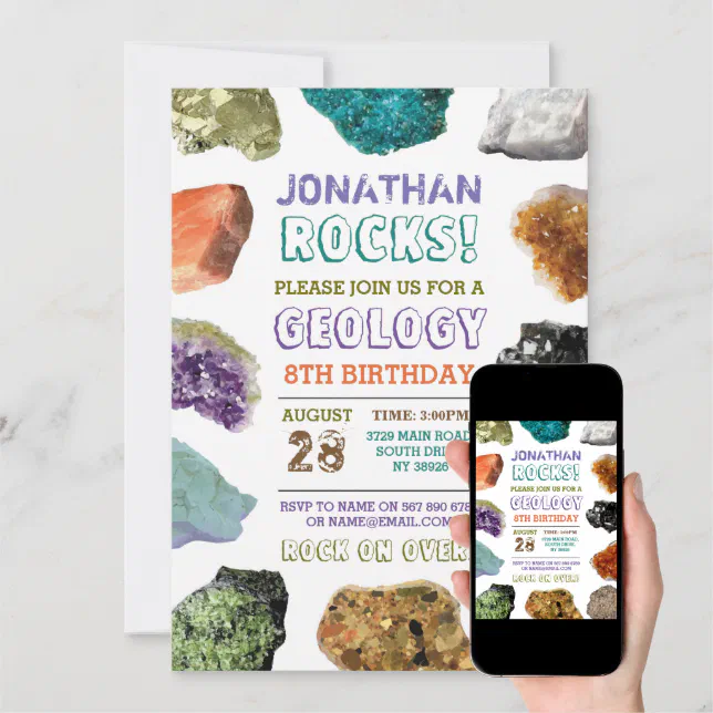 Geology Birthday Party Rocks Gems Crystals Invite | Zazzle