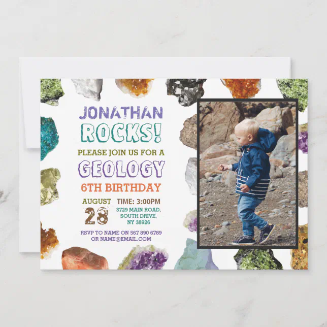 Geology Birthday Party Rocks Gems Crystals Photo Invitation | Zazzle
