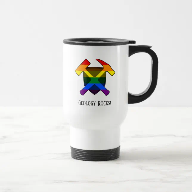 "Geology Rocks" LGBT Rainbow Flag Hammer Logo Travel Mug | Zazzle