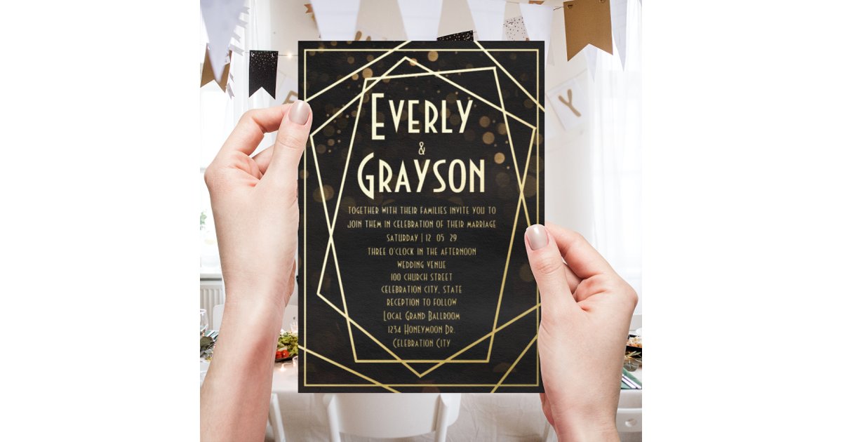 Geometric Abstract Frame Gold Wedding Foil Invitation | Zazzle