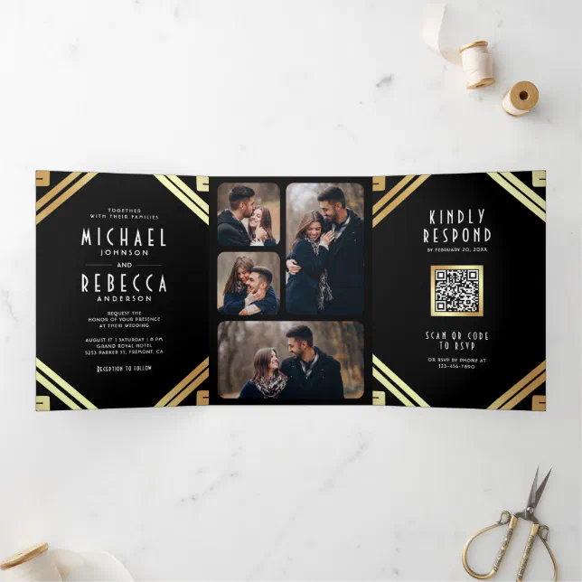 Geometric Art Deco Black Gold QR Code Wedding Tri-Fold Invitation | Zazzle
