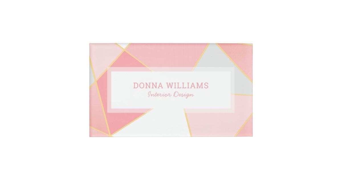 Geometric background pink white & gold name tag | Zazzle