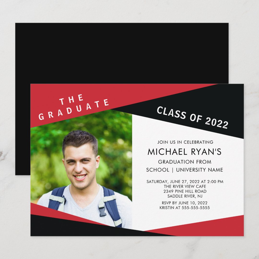 Geometric Black & Red Photo Graduation Invitation | Zazzle