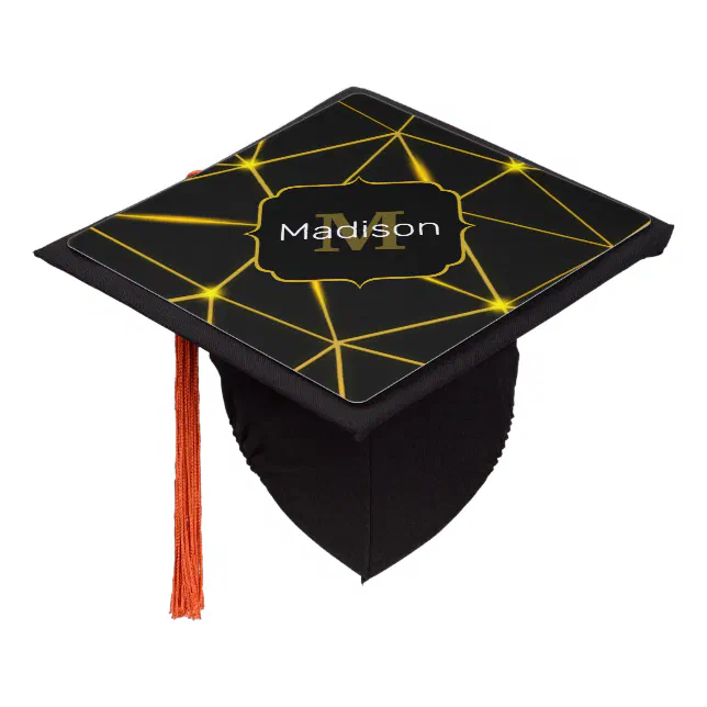 Geometric black triangles gold lines Monogram Graduation Cap Topper ...