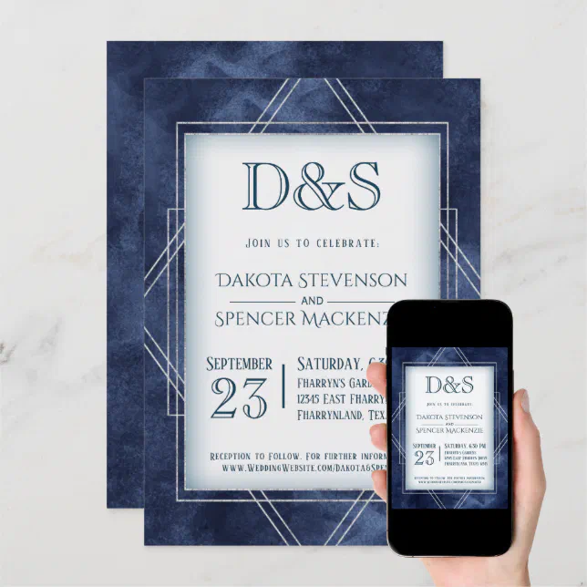 Geometric Blue Art Deco | Modern Monogram Wedding Invitation | Zazzle