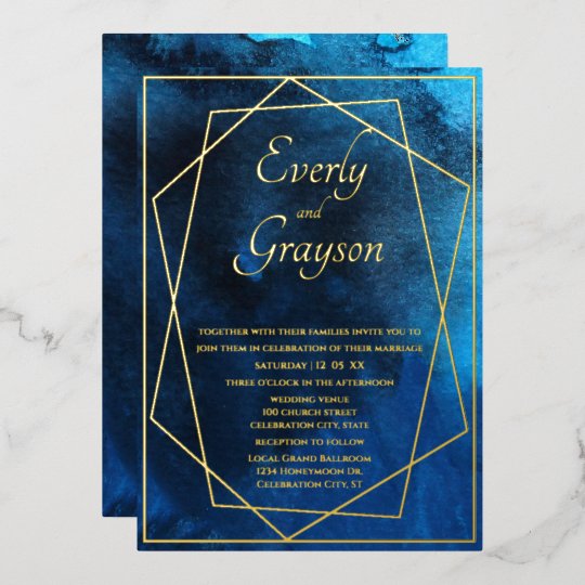 Geometric Blue & Gold Wedding Foil Invitation | Zazzle.com