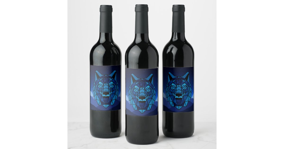 Geometric Blue Wolf Wine Label | Zazzle