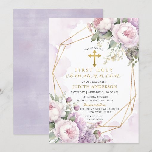 Geometric Blush Pink Roses First Holy Communion Invitation | Zazzle