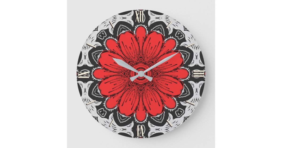 Geometric Daisy Pattern in Red Black & White Large Clock | Zazzle