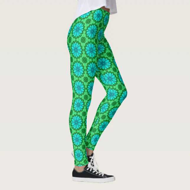 Geometric Daisy Pattern in Turquoise and Green Leggings | Zazzle