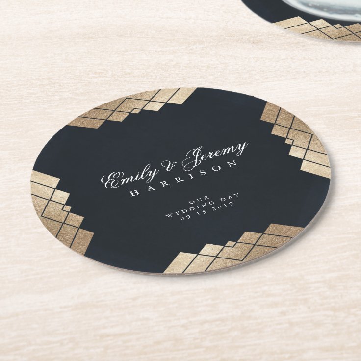 Geometric Dark Navy Gold Wedding Round Paper Coaster | Zazzle