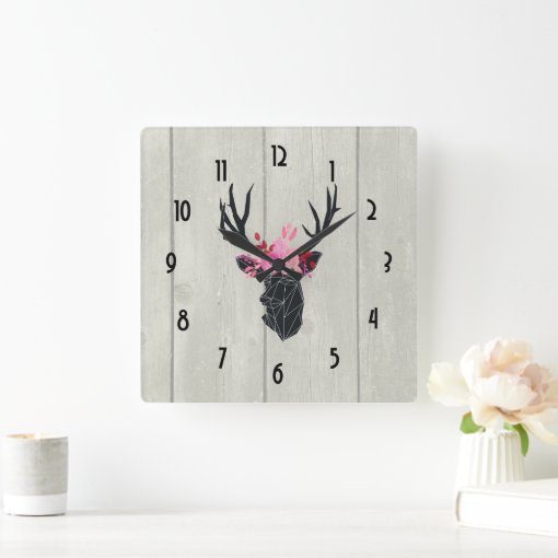 Geometric Deer Head with Floral Crown Square Wall Clock | Zazzle