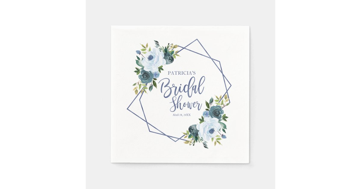 Geometric Dusty Blue Floral Bridal Shower Napkins | Zazzle