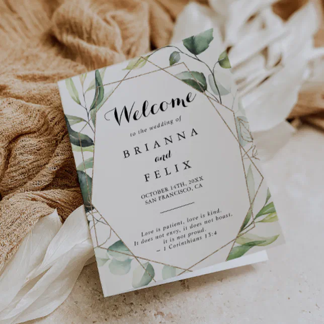 Geometric Elegant Gold Greenery Folded Wedding Program | Zazzle
