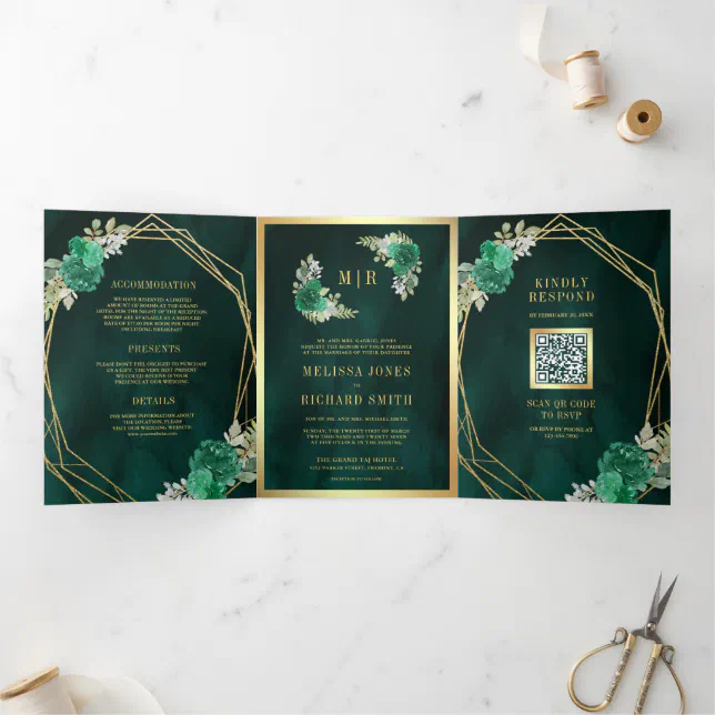 Geometric Emerald Green Floral QR Code Wedding Tri-Fold Invitation | Zazzle