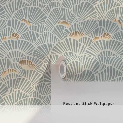Geometric Fan Shells in Soft Blue and Gold Art Dec Wallpaper | Zazzle