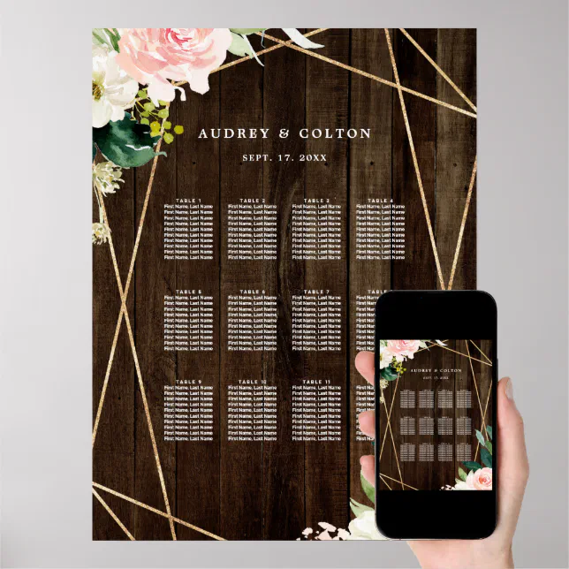 Geometric Floral Rustic Wood Wedding Seating Chart | Zazzle