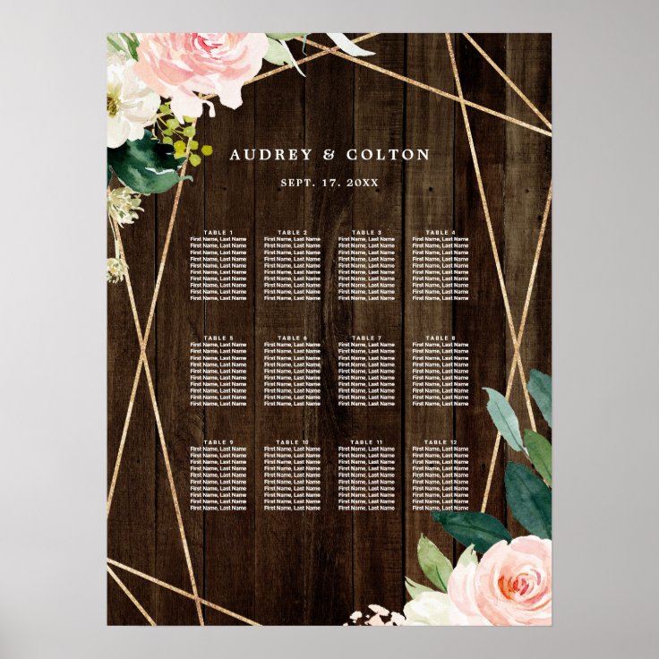 Geometric Floral Rustic Wood Wedding Seating Chart | Zazzle