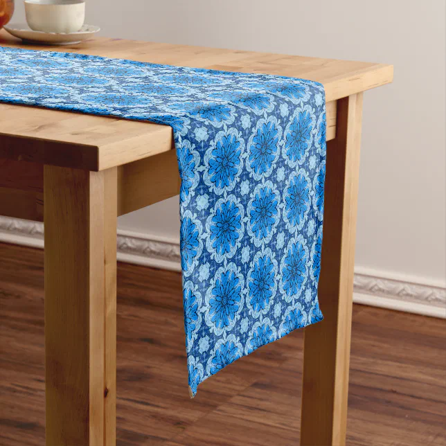 Geometric Flower Pattern in Shades of Denim Blue Short Table Runner ...