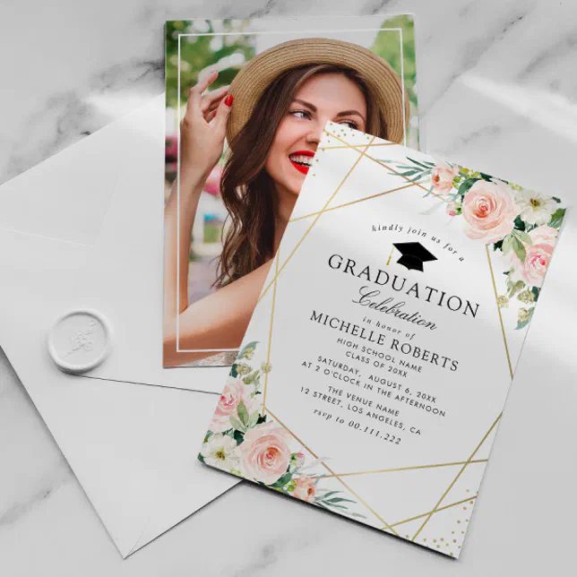 geometric frame blush pink floral graduation party invitation | Zazzle