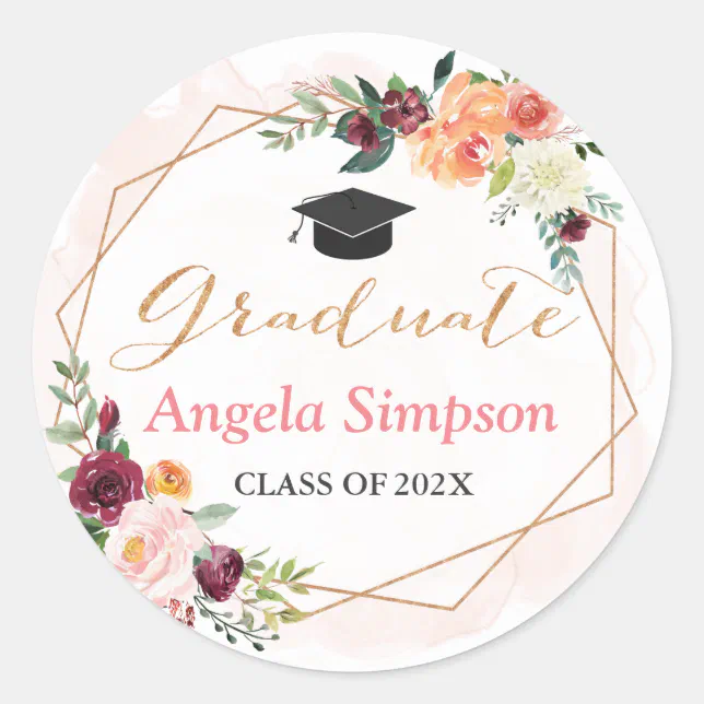 Geometric Frame Floral Graduation Thank You Classic Round Sticker | Zazzle