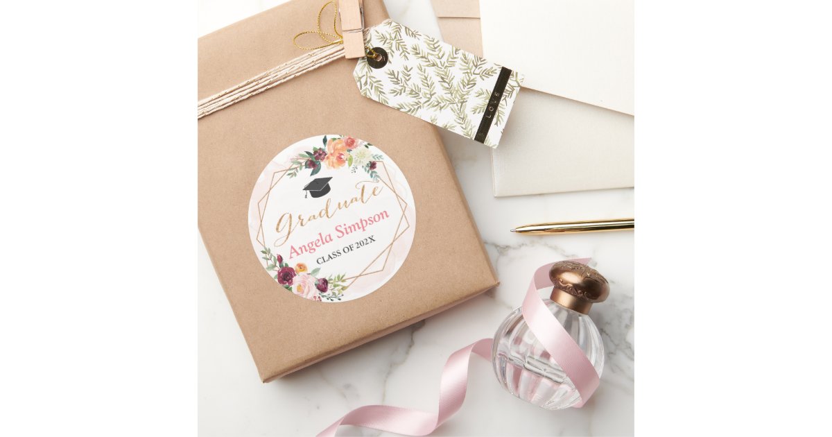 Geometric Frame Floral Graduation Thank You Classic Round Sticker | Zazzle