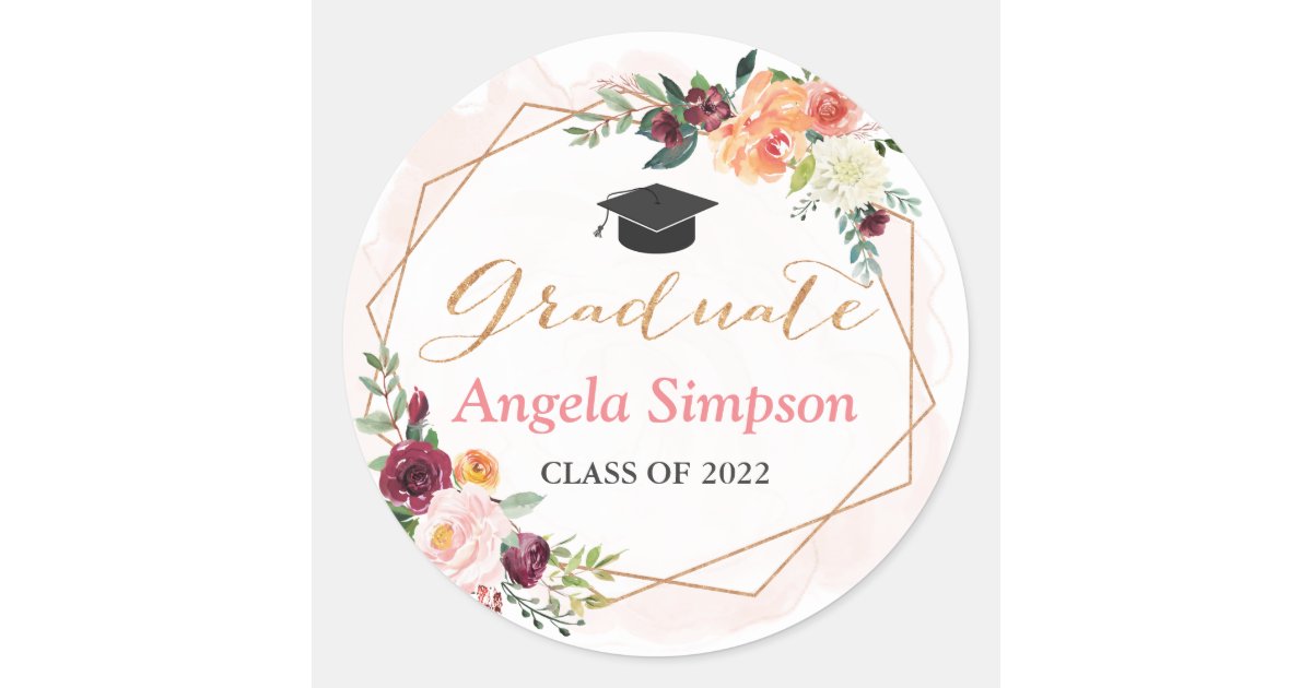 Geometric Frame Floral Graduation Thank You Classic Round Sticker | Zazzle