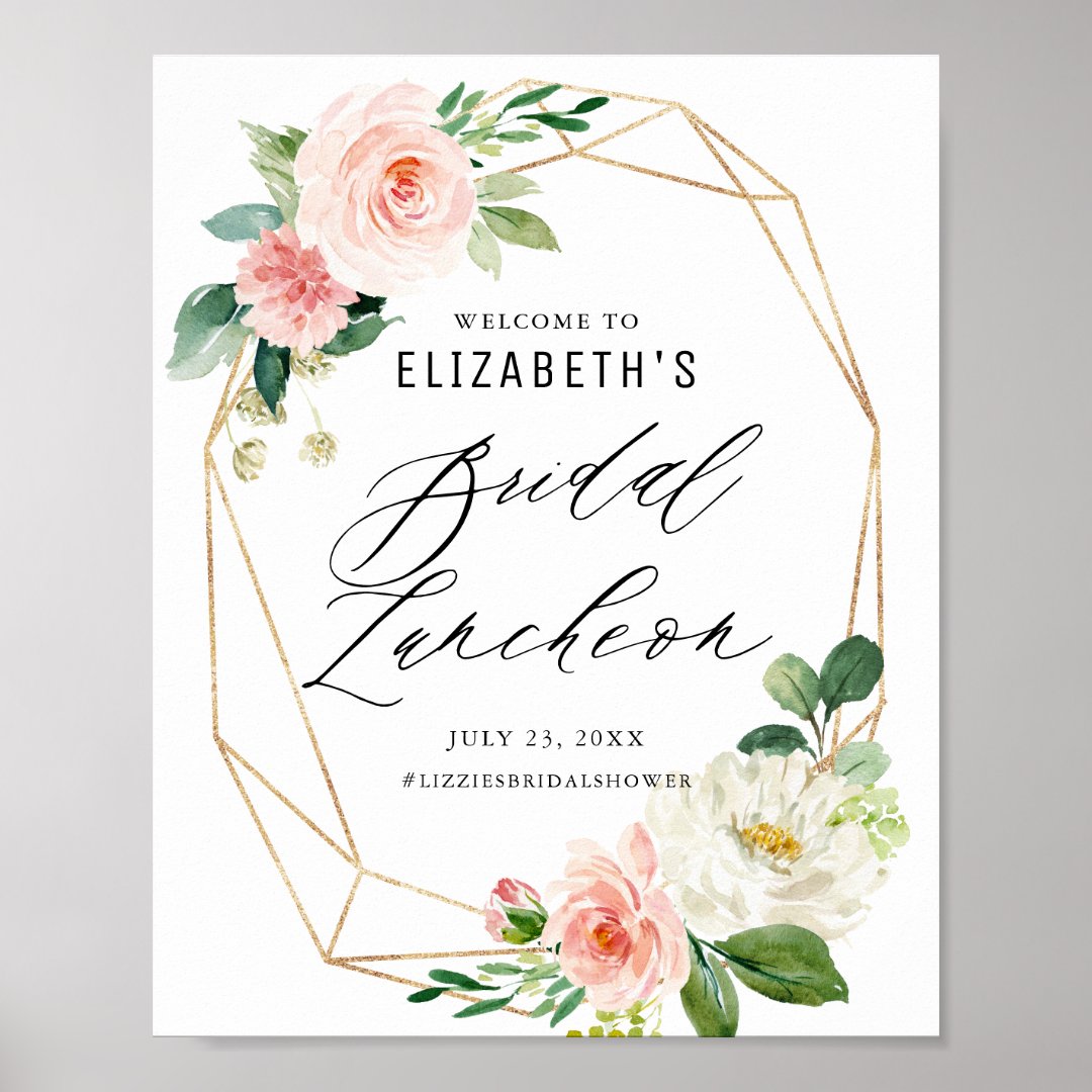 Geometric Frame Pink Floral Bridal Luncheon Poster | Zazzle