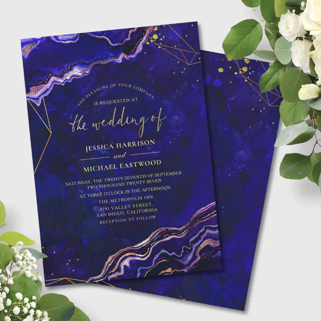 Geometric Geode Deep Blue Rose Gold Agate Wedding Invitation | Zazzle