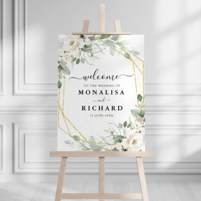 geometric gold and white floral wedding sign | Zazzle