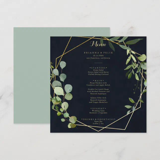 Geometric Gold Blue Green Calligraphy Dinner Menu | Zazzle