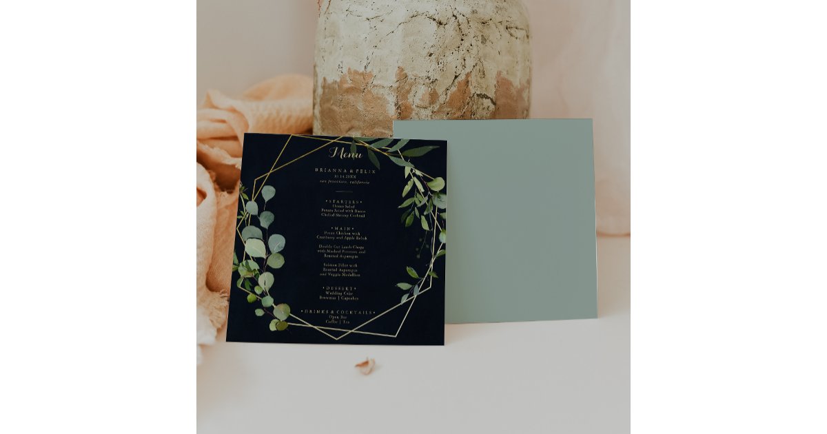 Geometric Gold Blue Green Calligraphy Dinner Menu | Zazzle