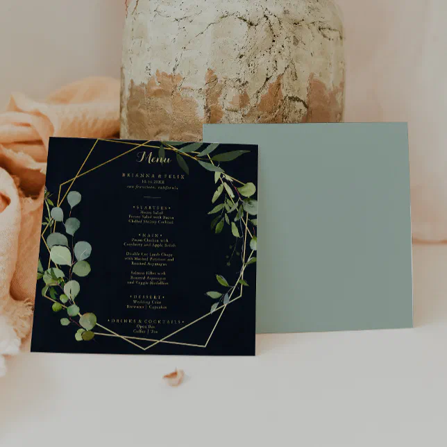 Geometric Gold Blue Green Calligraphy Dinner Menu | Zazzle