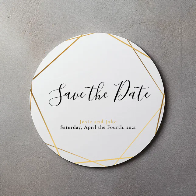 Geometric gold effect save the date classic round sticker | Zazzle