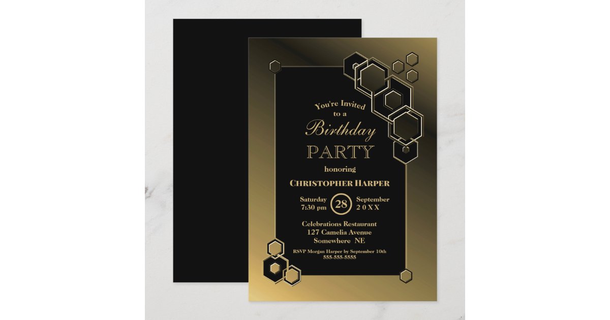 Geometric Gold Frame Birthday Party Invitation | Zazzle