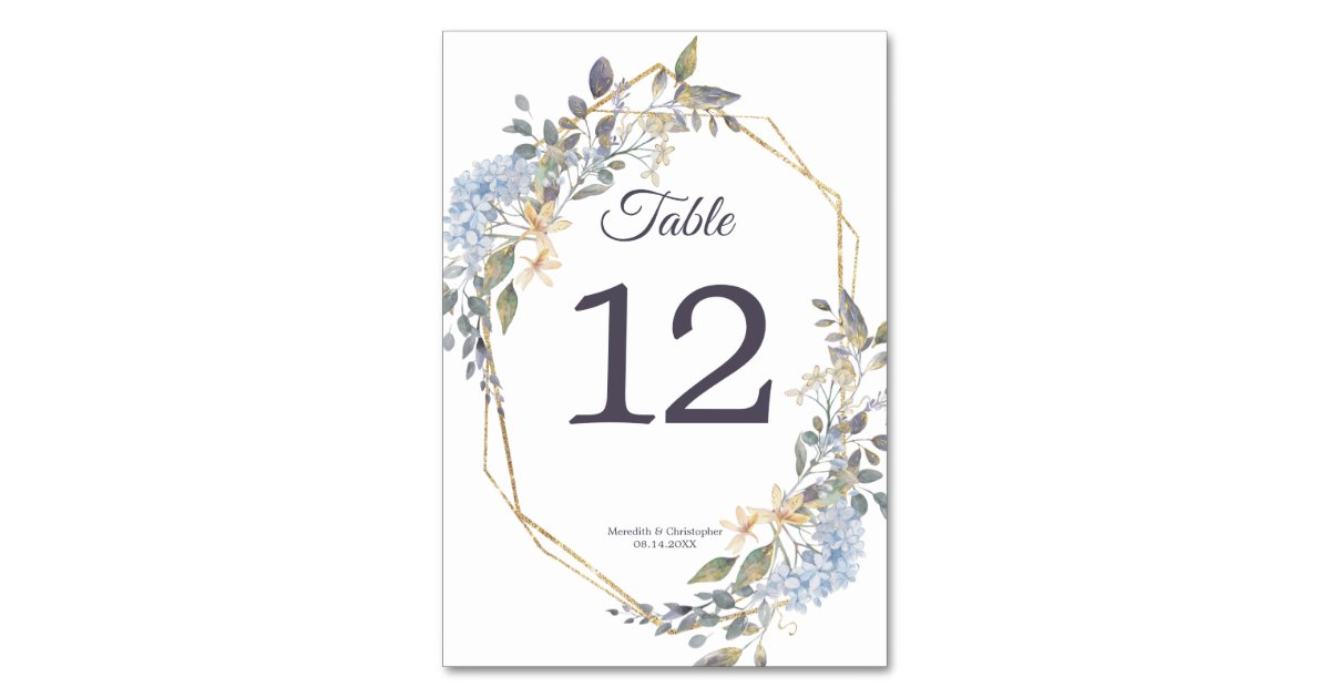 Geometric Gold Frame Dusty Blue Florals Wedding Table Number | Zazzle