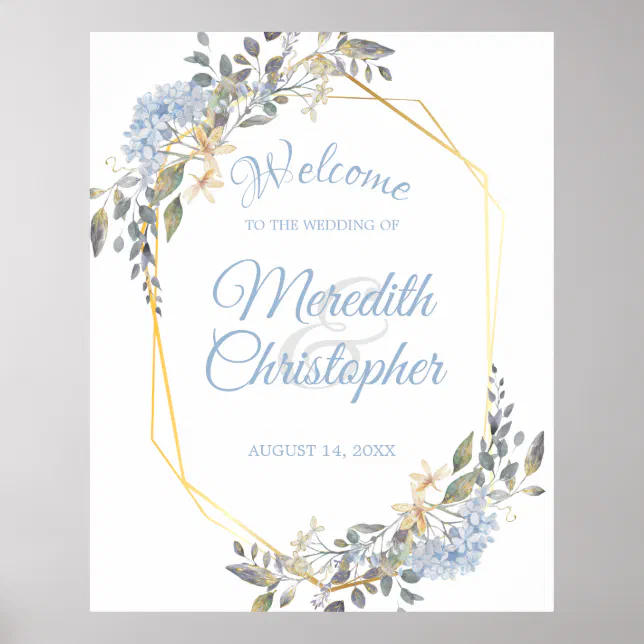 Geometric Gold Frame Dusty Blue Florals Welcome Poster | Zazzle