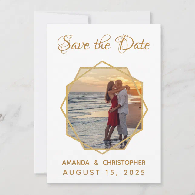 Geometric Gold Frame Photo Calligraphic Wedding Save The Date | Zazzle