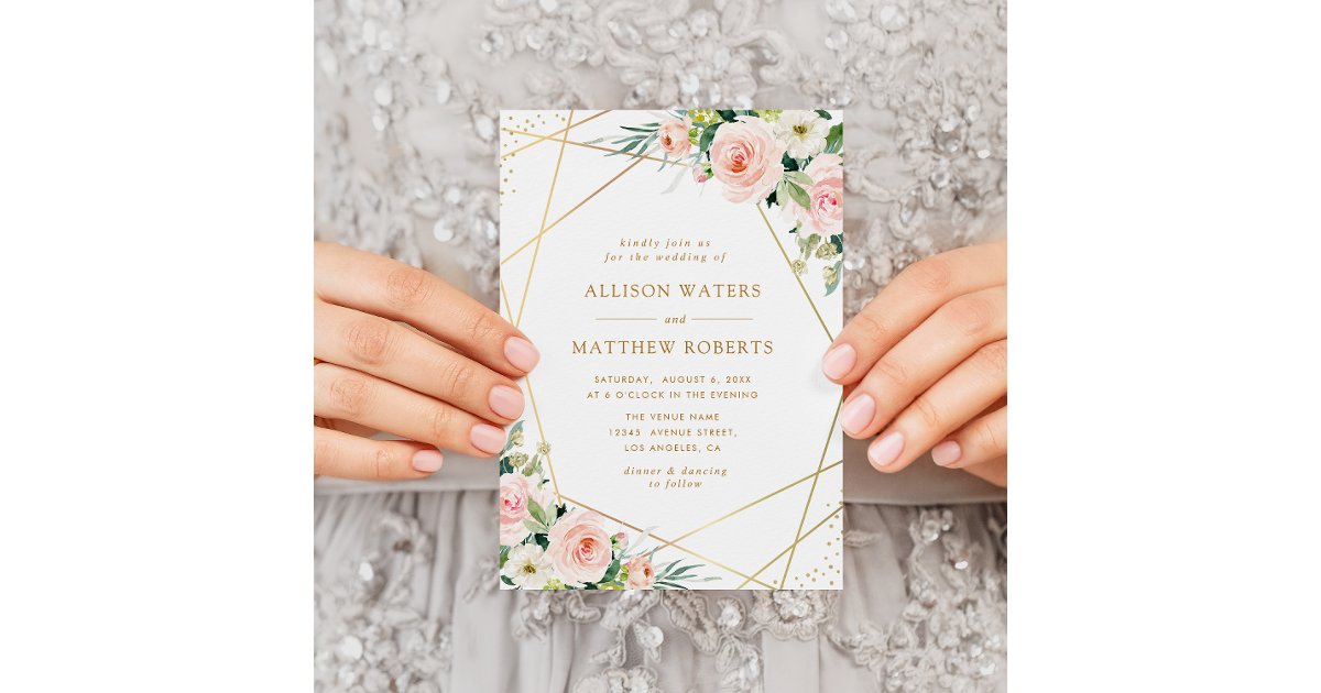 Geometric gold frame pink blush floral wedding invitation | Zazzle