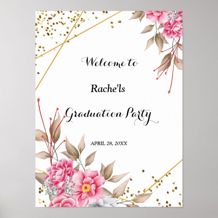 Geometric Gold Frame Pink Floral Graduation Poster | Zazzle