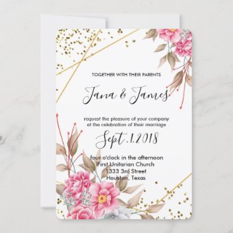 Geometric Gold Frame Pink Floral wedding Invitation | Zazzle