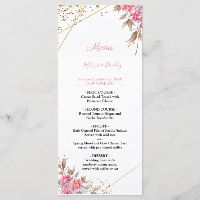 Geometric Gold Frame Pink Floral Wedding Menu | Zazzle