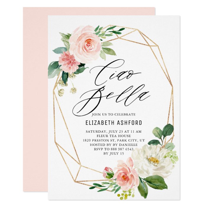 Geometric Gold Frame Pink Florals Ciao Bella Invitation | Zazzle.com