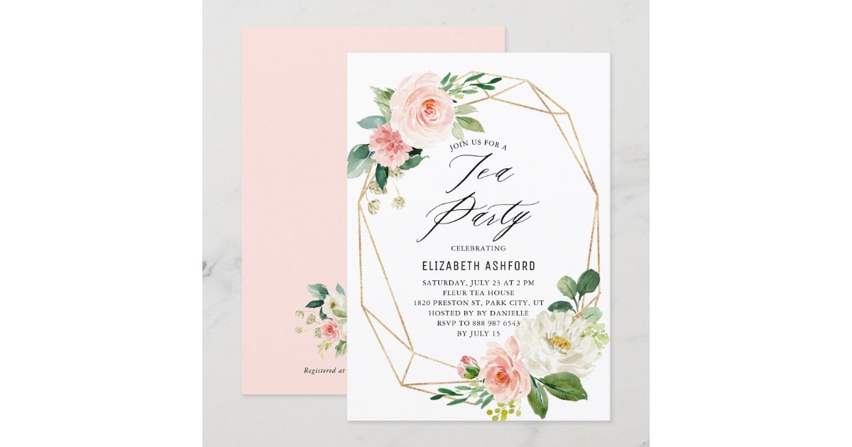 Geometric Gold Frame Pink Florals Tea Party Invitation | Zazzle