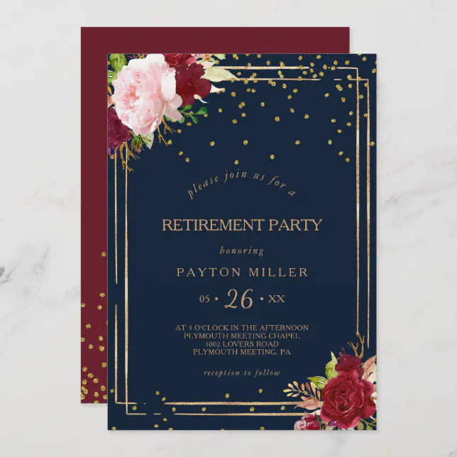 Geometric Gold Glitter Red Retirement Party Invitation | Zazzle