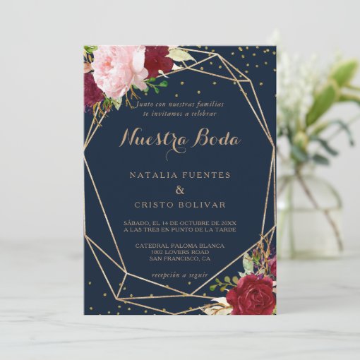 Geometric Gold Glitter Red Spanish Wedding Invitation | Zazzle