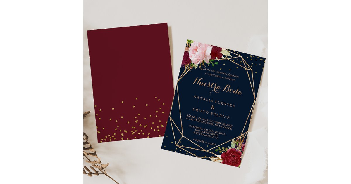Geometric Gold Glitter Red Spanish Wedding Invitation | Zazzle